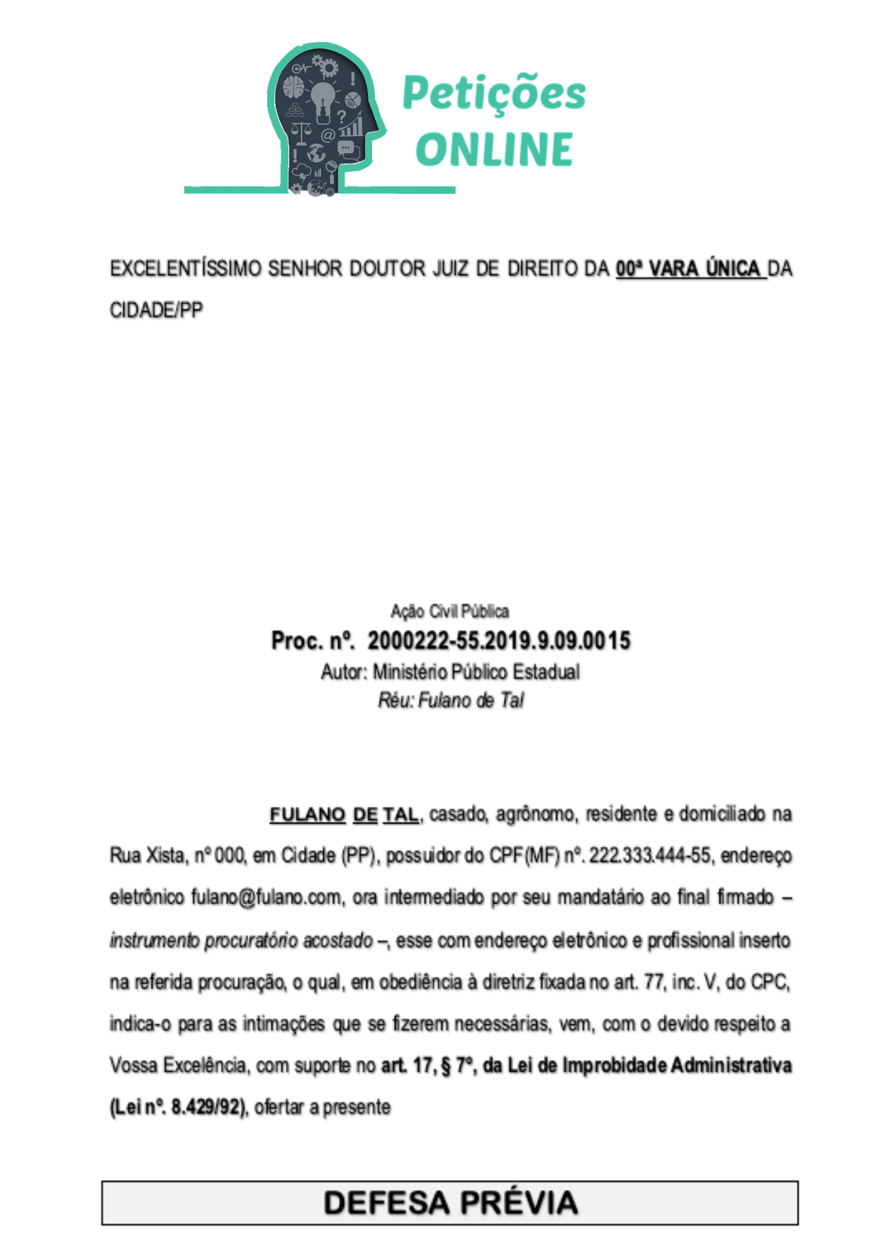 [Petição] Defesa Prévia Improbidade Administrativa Novo CPC