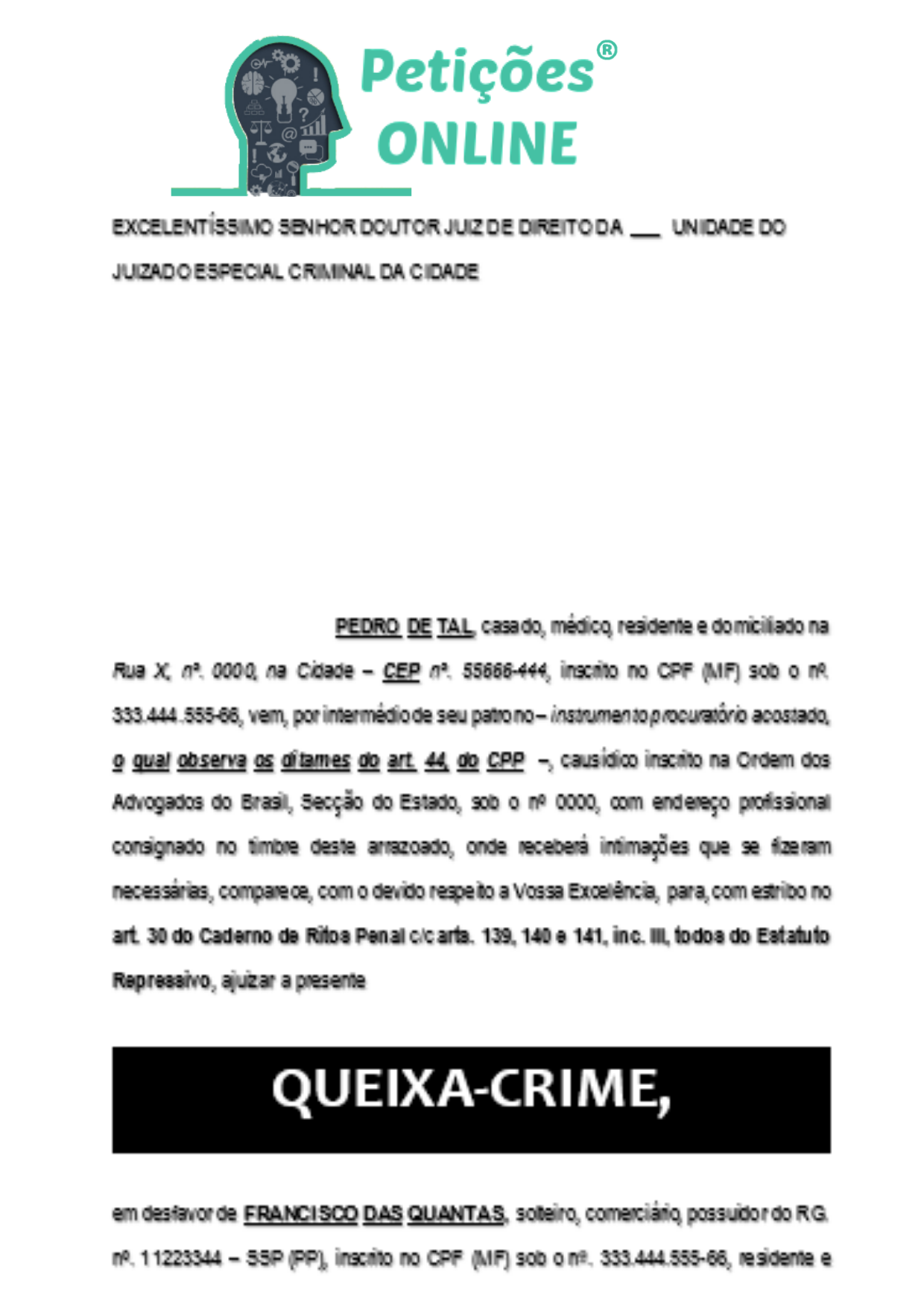 Modelo de Queixa-Crime Injúria Difamação em Rede Social